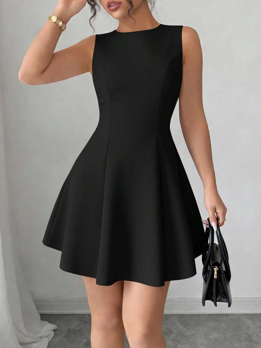 Black Sleeveless Boat Neck A-Line Mini Dress For Women Formal Cocktail ...