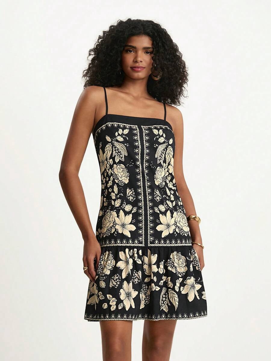 Black Sleeveless Cami Dress With Cream Floral Print And Flared Mini ...