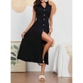 Black Sleeveless Collared Button-Front A-Line Midi Dress With Side Slit ...