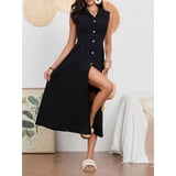 Black Sleeveless Collared Button-Front A-Line Midi Dress With Side Slit ...