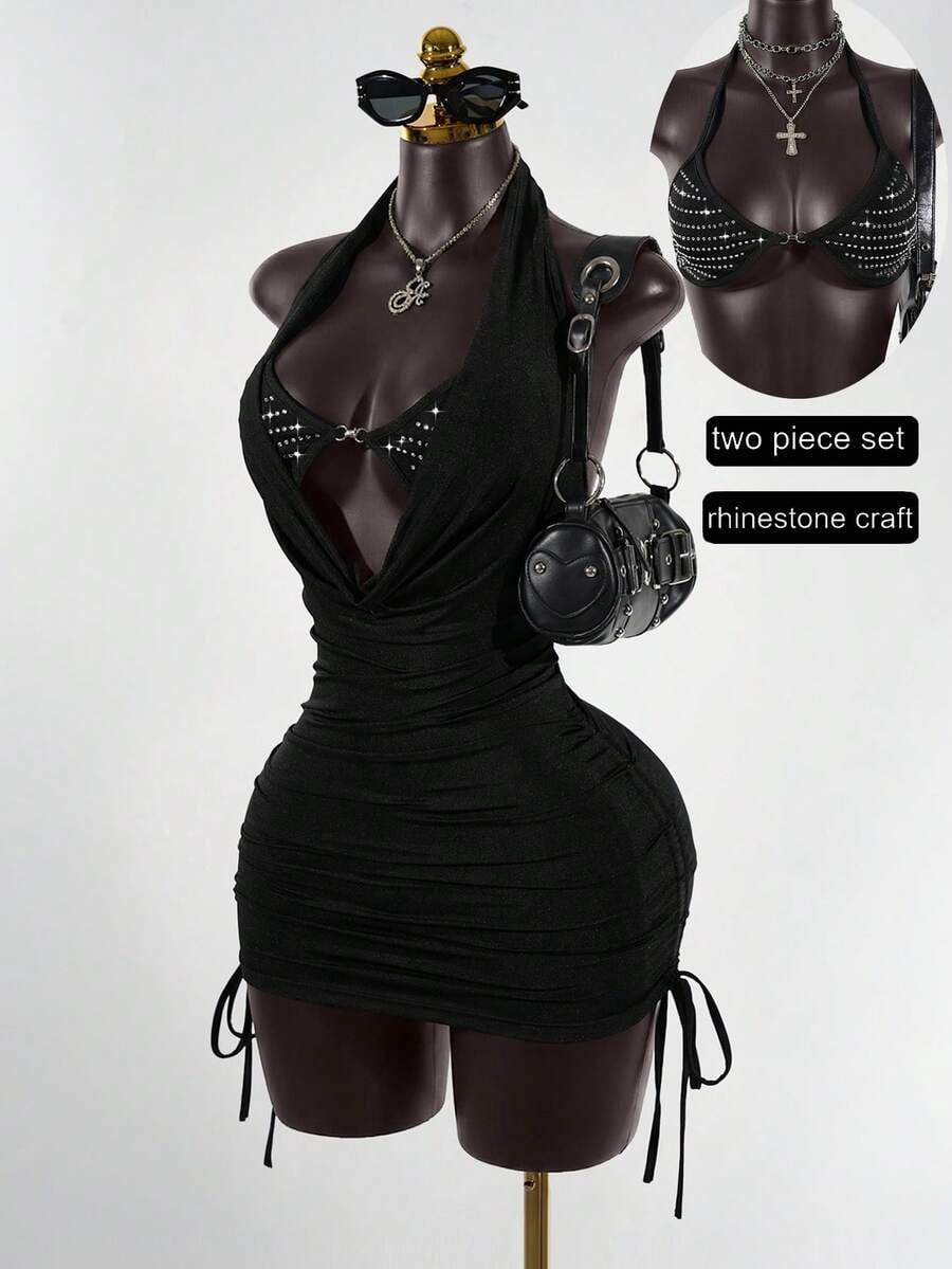 Black Sleeveless Halter Neck Bodycon Mini Dress With Rhinestone Detail ...