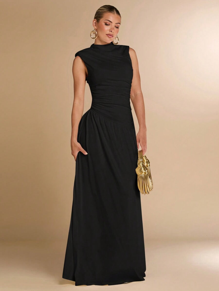 Black Sleeveless Mock Neck Asymmetric Ruched Maxi Dress For Evening ...