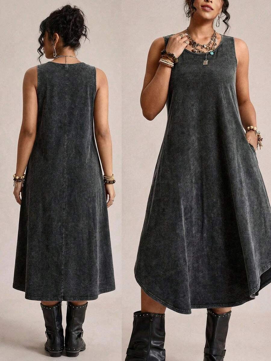 Black Sleeveless Round Neck A-Line Midi Dress With Washed Denim Look ...