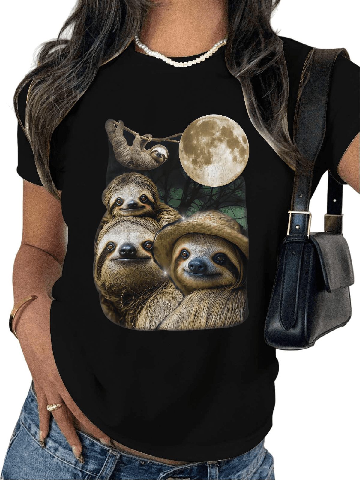 Black Sloth Moonlight Print Tshirt Graphic Tees Shirts Tropical ...