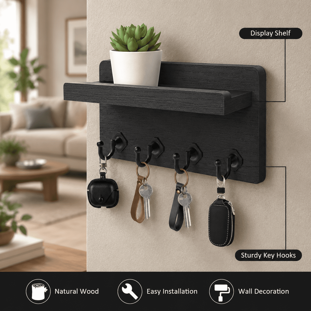 Black Small - 8.5 Inch Wooden Wall Mount Key Holder Organizer - Walmart.com