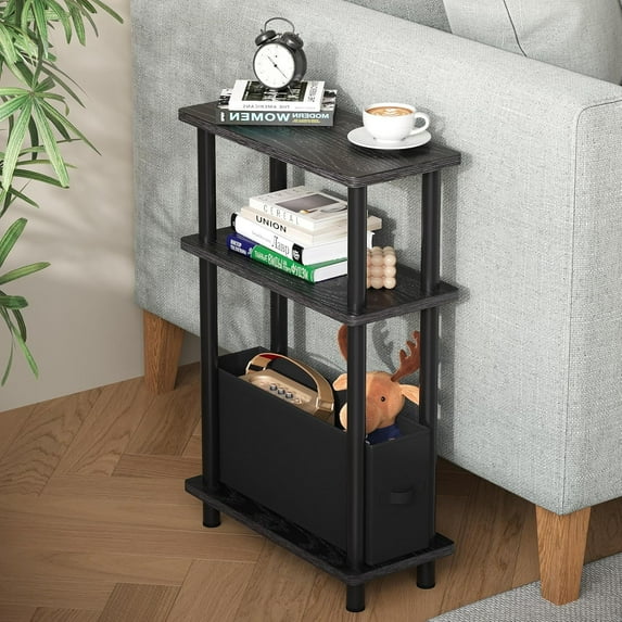 Black Small Narrow Side Table, 3-Tier Skinny End Table with Fabric ...