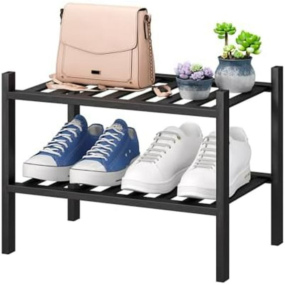 Black Small Shoe Rack for Entryway,2-Tier Bamboo Shoe Organizer for ...