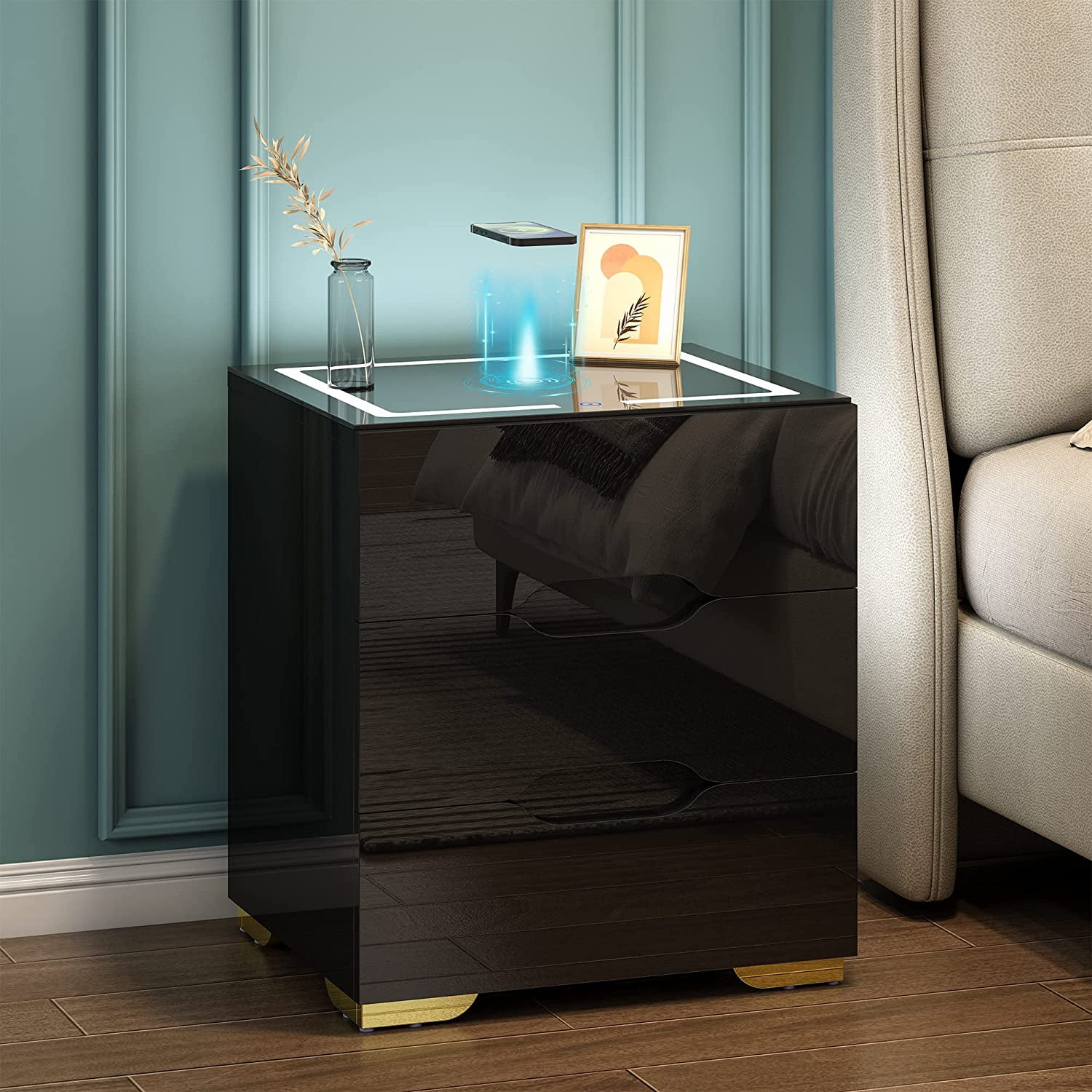 Black Smart Nightstand with Wireless Charging Station & USB Charging ...