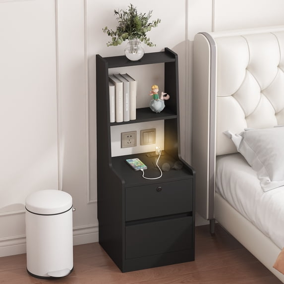 Black Smart Nightstand with Charging Station, Voice Control Night Light ...