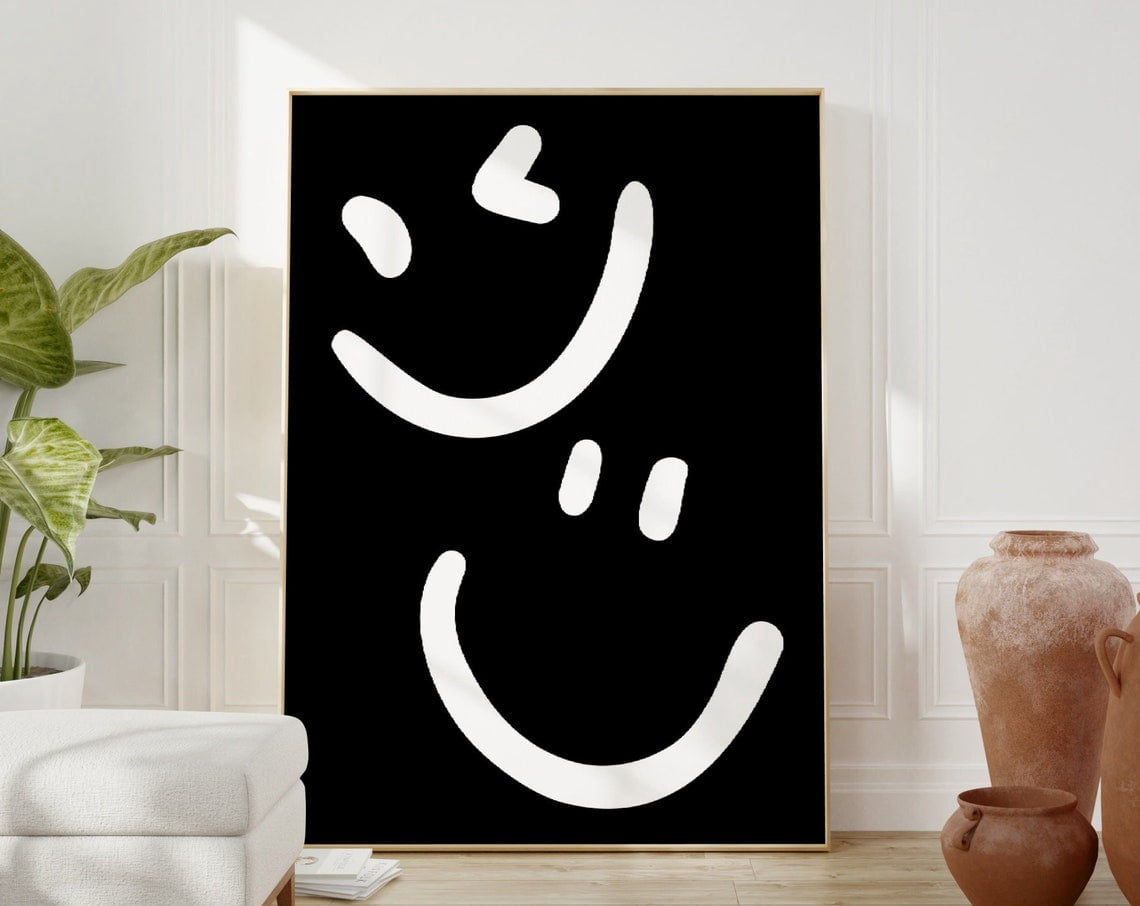 Black Smiley Face Poster, Black White Preppy Fun Smileys Wall Art ...