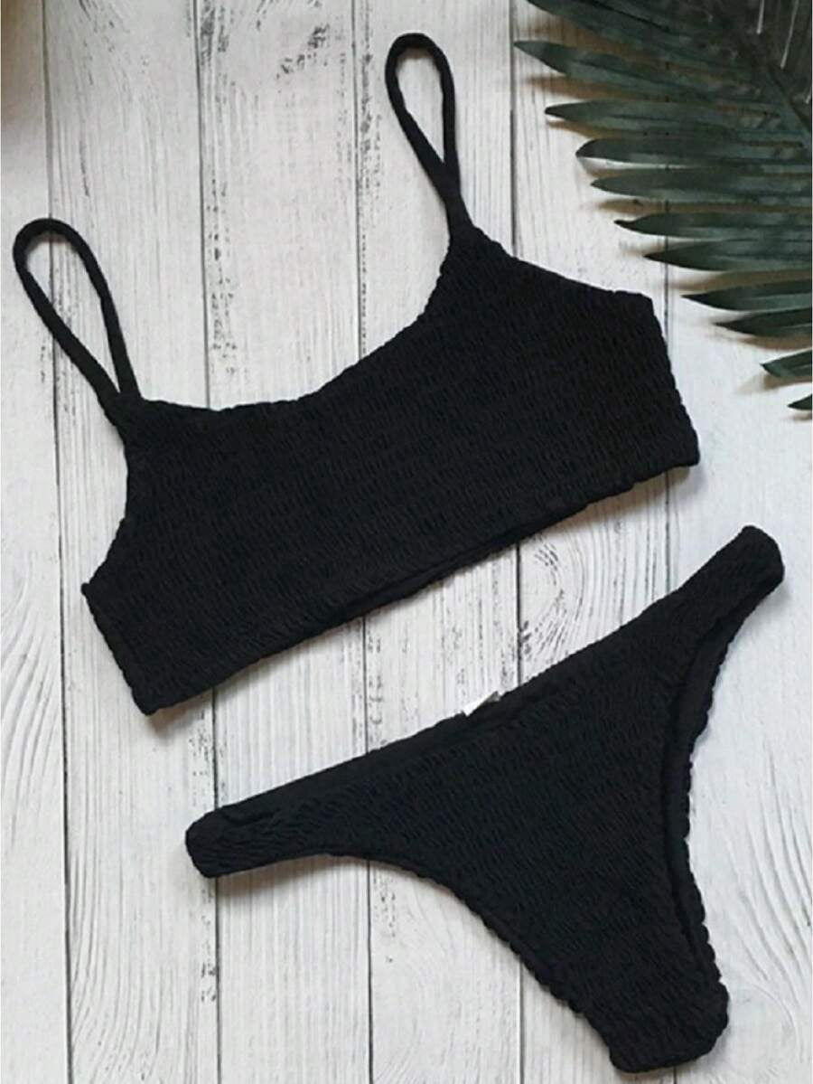 Black Smocked Triangle Bikini Set Two-Piece Swimsuit With Ruched ...