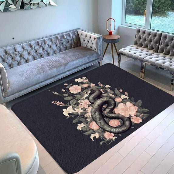 Black Snake and Flowers Area Rug - Snake Non-Slip Black Rugs Floor Mat ...