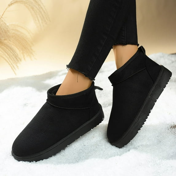 Black Snow Boots For Women Winter Fleece Lining Solid Color Round Toe ...