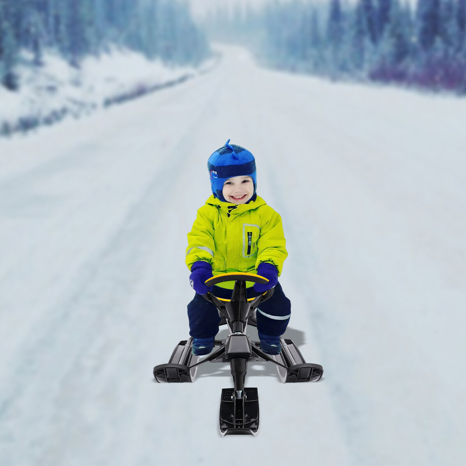 Black Snow Racer Winter Ski Sled for Kids and Snow Sled with Steering ...