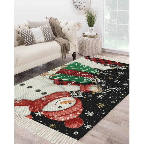 Black Snowman Christmas Area Rug 3x5 Living Room Rug with Tassel Woven ...