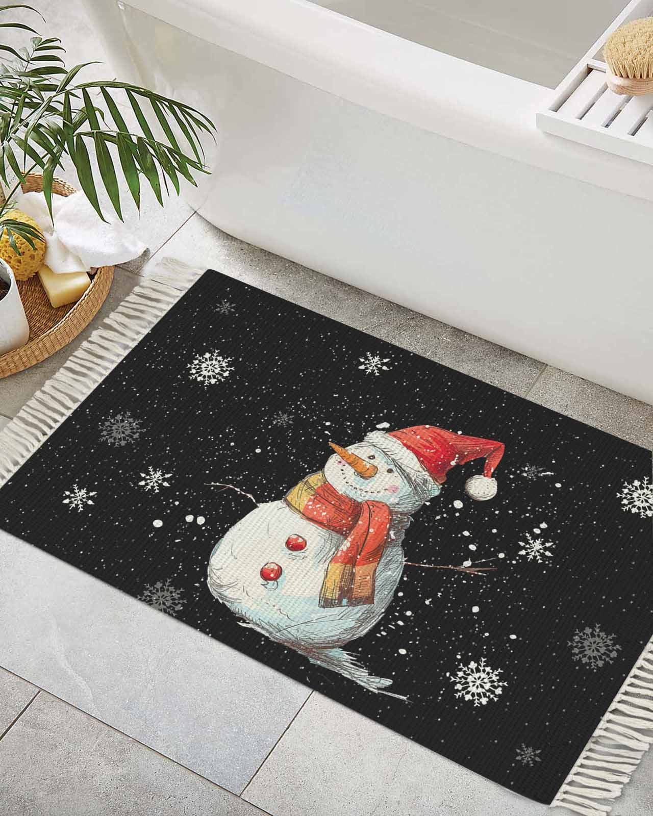 Black Snowman Christmas Bathroom Rug 2'x3', Woven Cotton Area Rug with ...