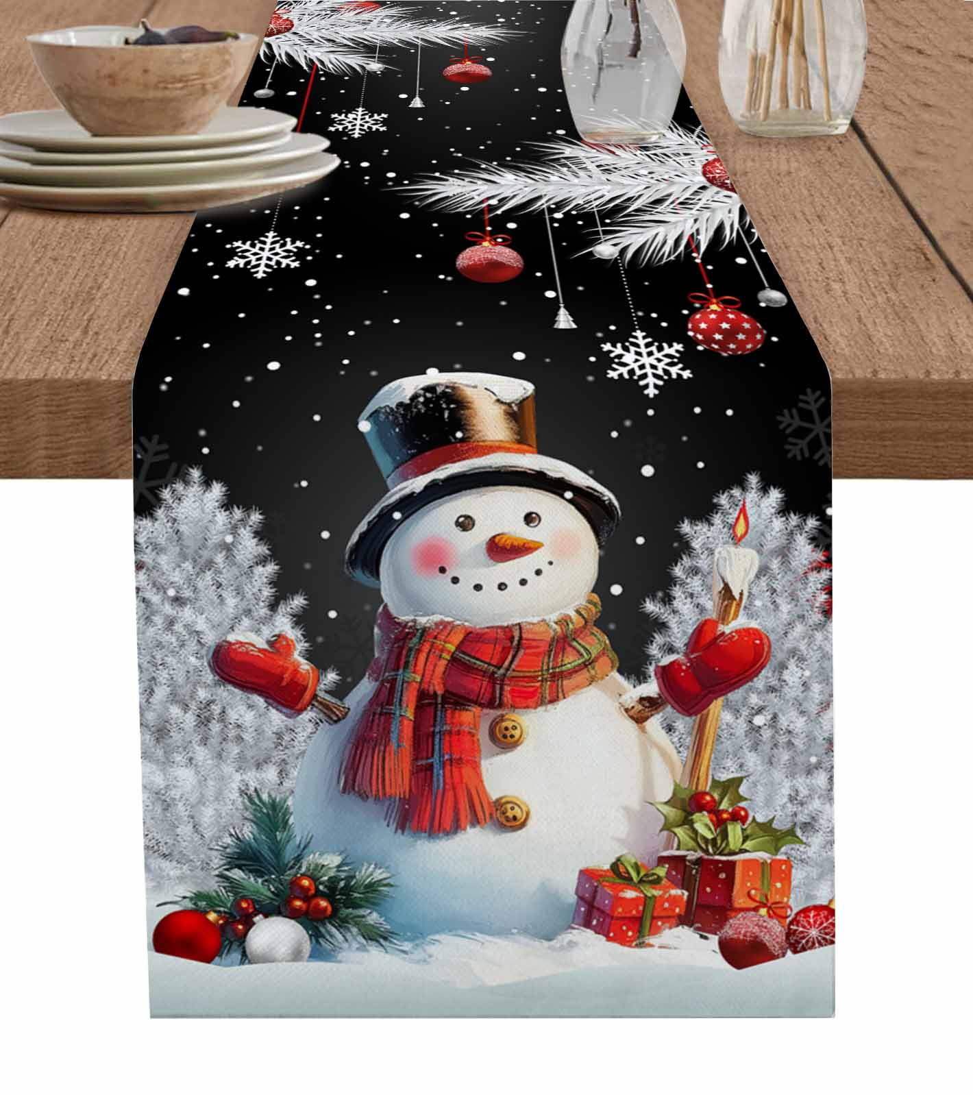 Black Snowman Christmas Burlap-Cotton Table Runner 72 Inches Long,Xmas ...