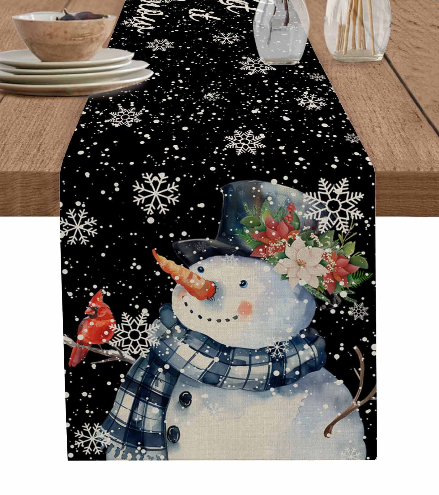 Black Snowman Christmas Burlap-Cotton Table Runner 90 Inches Long ...