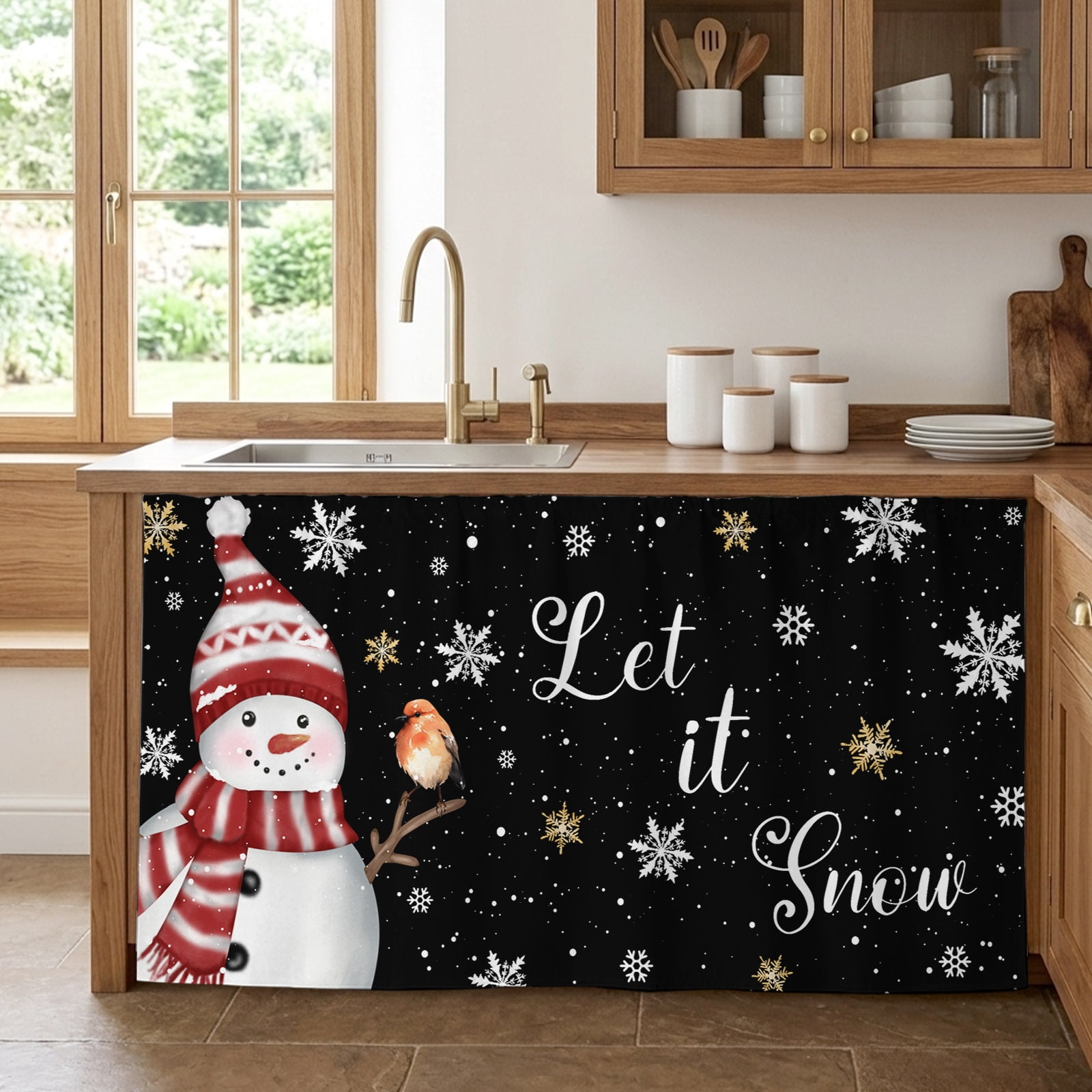 Black Snowman Christmas Cabinet Curtain 28"Wx51"L, Dustproof Storage ...