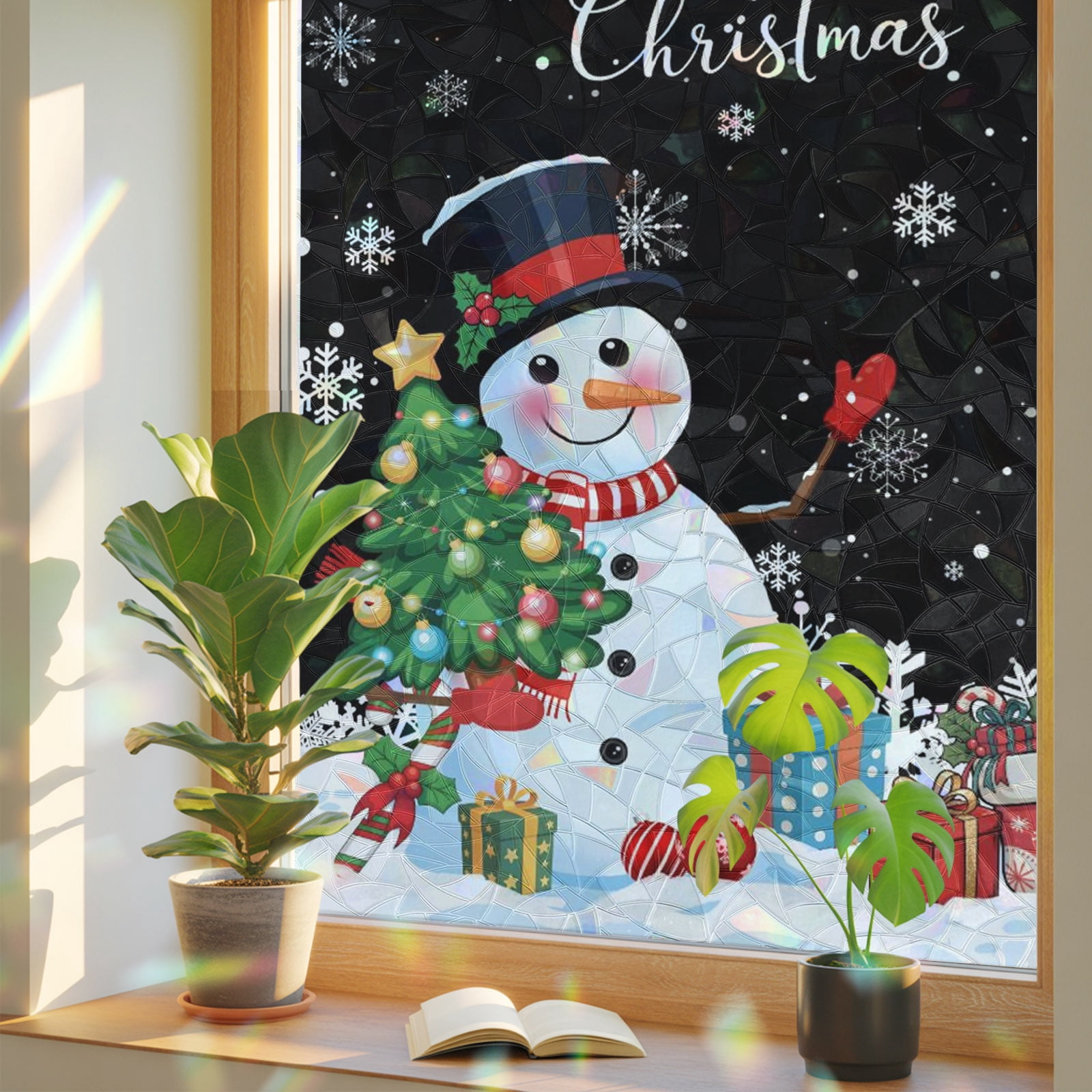 Black Snowman Christmas Privacy Window Film, Decorative Stained Glass ...