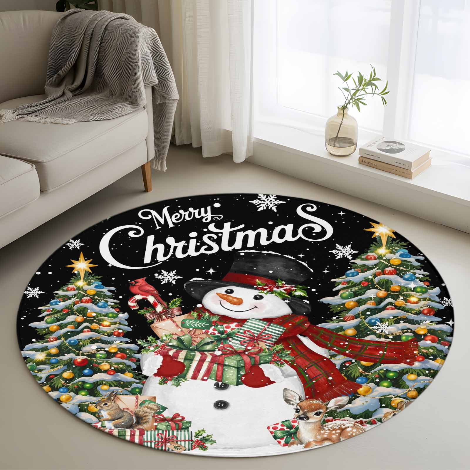 Black Snowman Christmas Round Rug 3ft Washable Circle Entryway Rugs Non ...