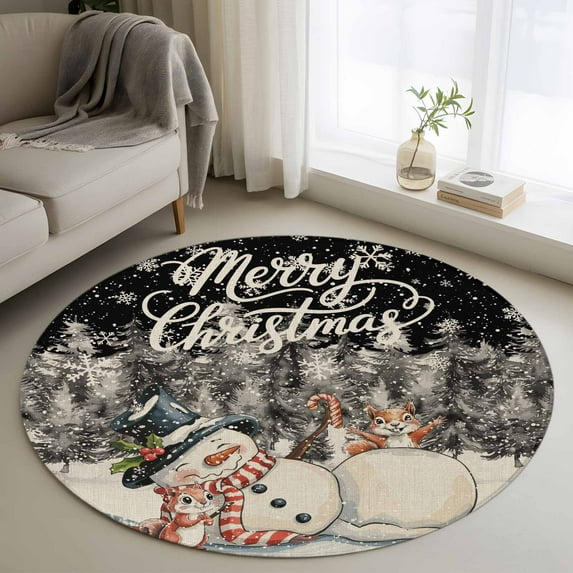 Black Snowman Christmas Round Rug 3ft Washable Circle Entryway Rugs Non ...
