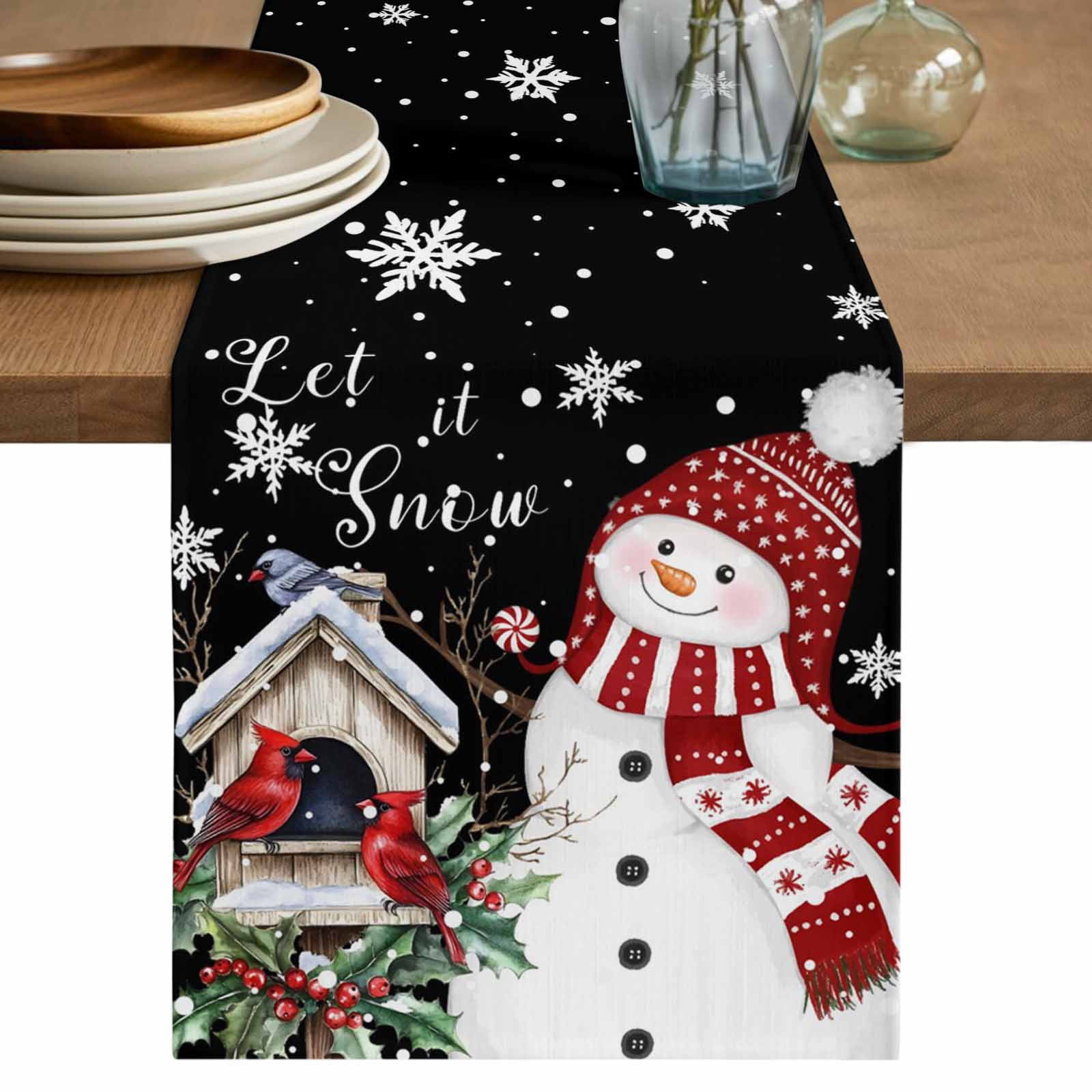 Black Snowman Christmas Table Runner 90 Inches, Xmas Snowflake Birds ...