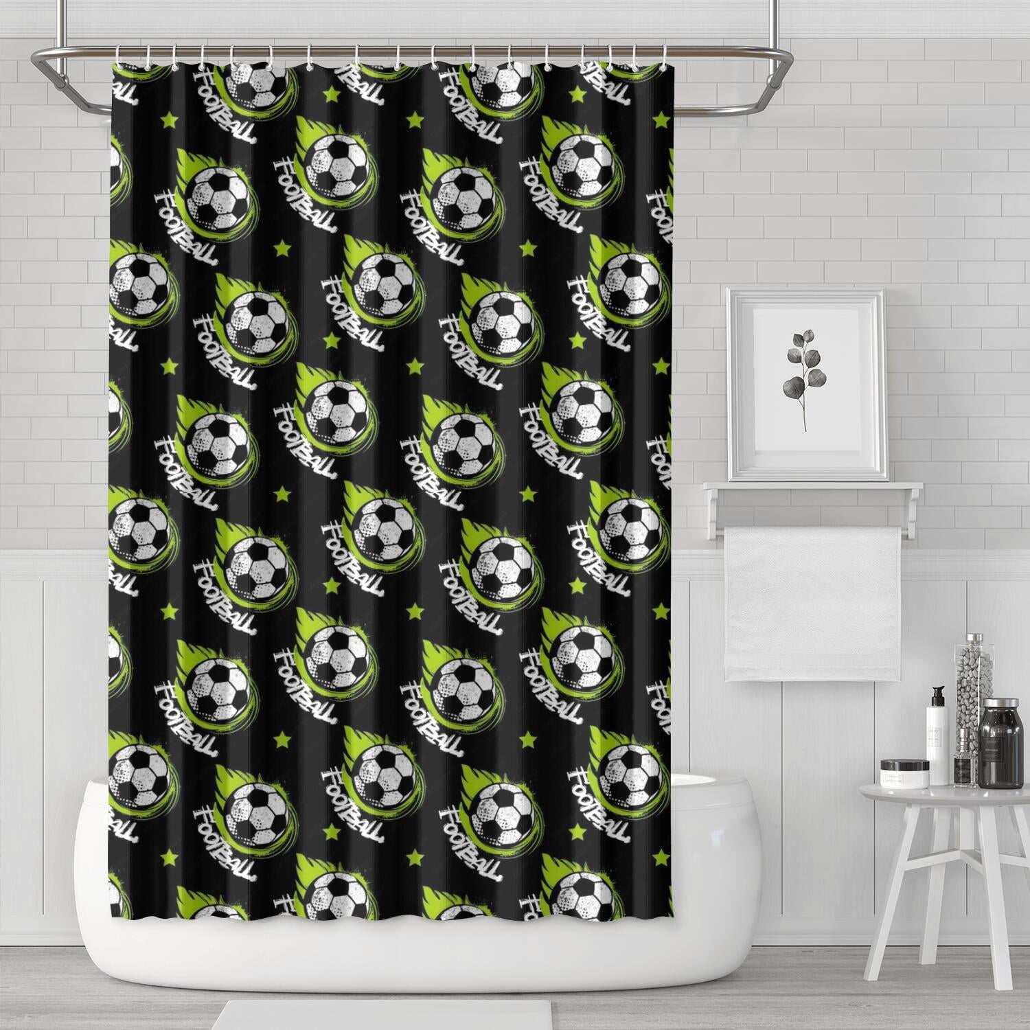 Black Soccer Balls with Green Elements Pattern Shower Curtain 72"x72 ...