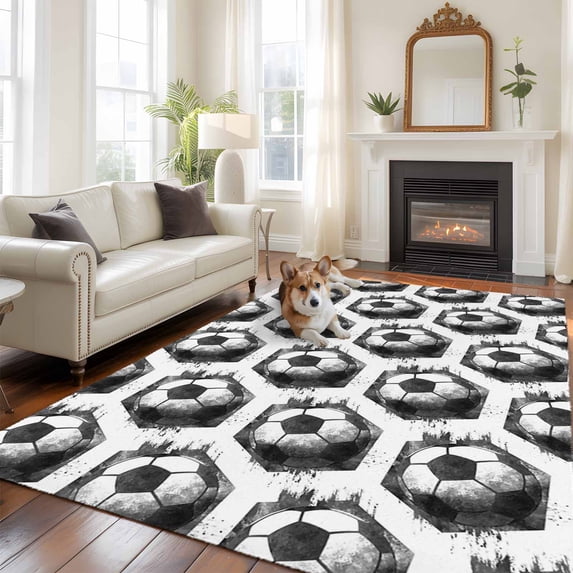 Black Soccer Washable Area Rug 8x10 Modern Classic Football Match Sport ...
