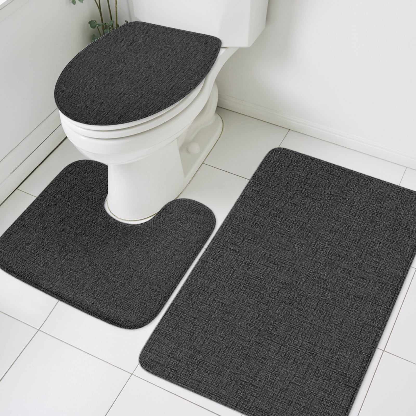 Black Solid Bathroom Rugs Set Minimalist Cloth Dark Gray Linen Texture ...