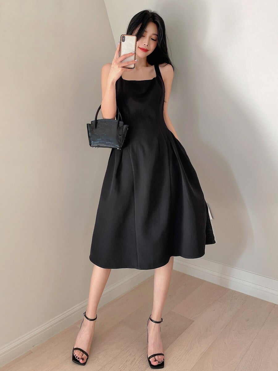 Black Solid Cami Midi Dress, Formal Cocktail Dress With A-Line Skirt ...