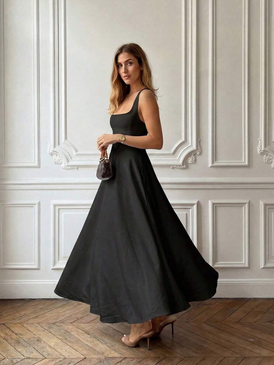 Black Solid Color Elegant Square Neck Spaghetti Strap A-Line Maxi Dress ...