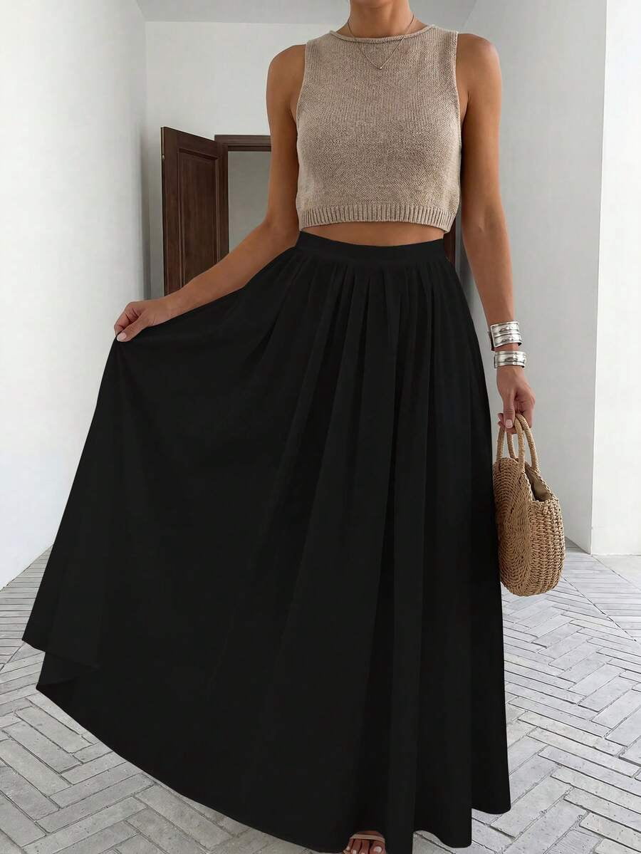 Black Solid Color Flowing Maxi Skirt Casual Bohemian Summer - Walmart.com