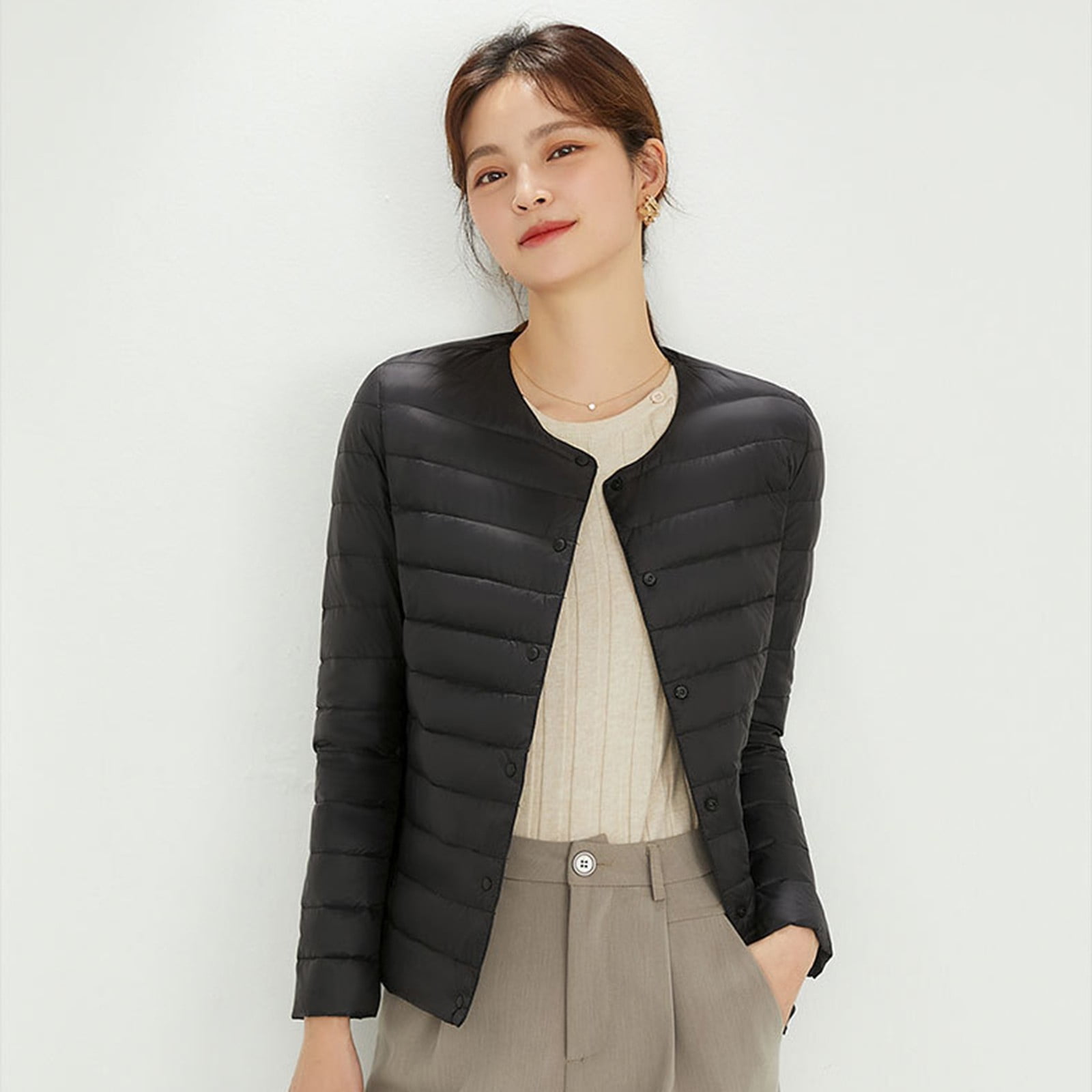 Black Solid Color Jackets, Polyester Light Weight Short Down Jacket ...