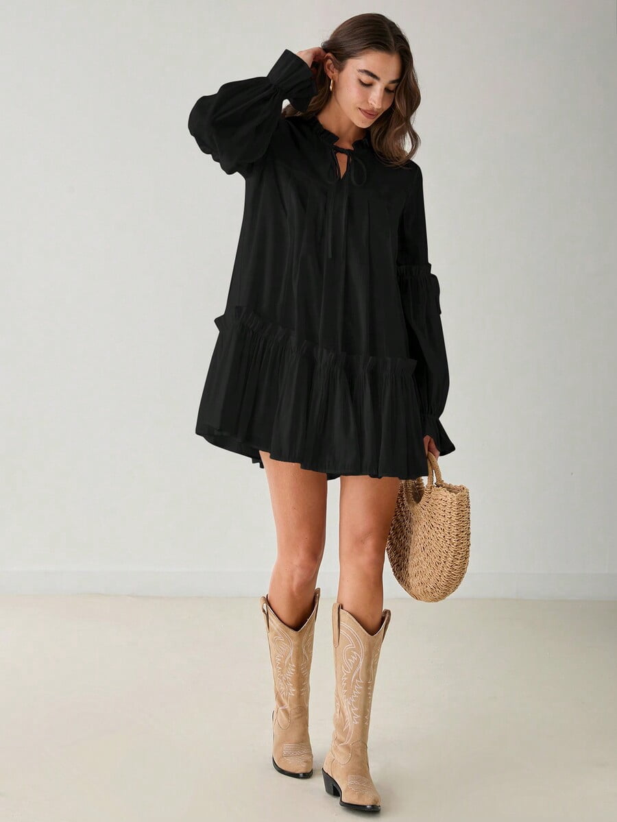 Black Solid Color Lace-Up Collar Casual Long Sleeve Peasant Dress ...