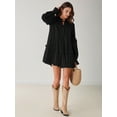 Black Solid Color Lace-Up Collar Casual Long Sleeve Peasant Dress ...