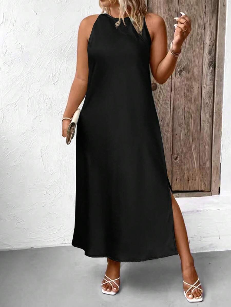 Black Solid Color Round Neck Sleeveless Maxi Dress With Side Split ...