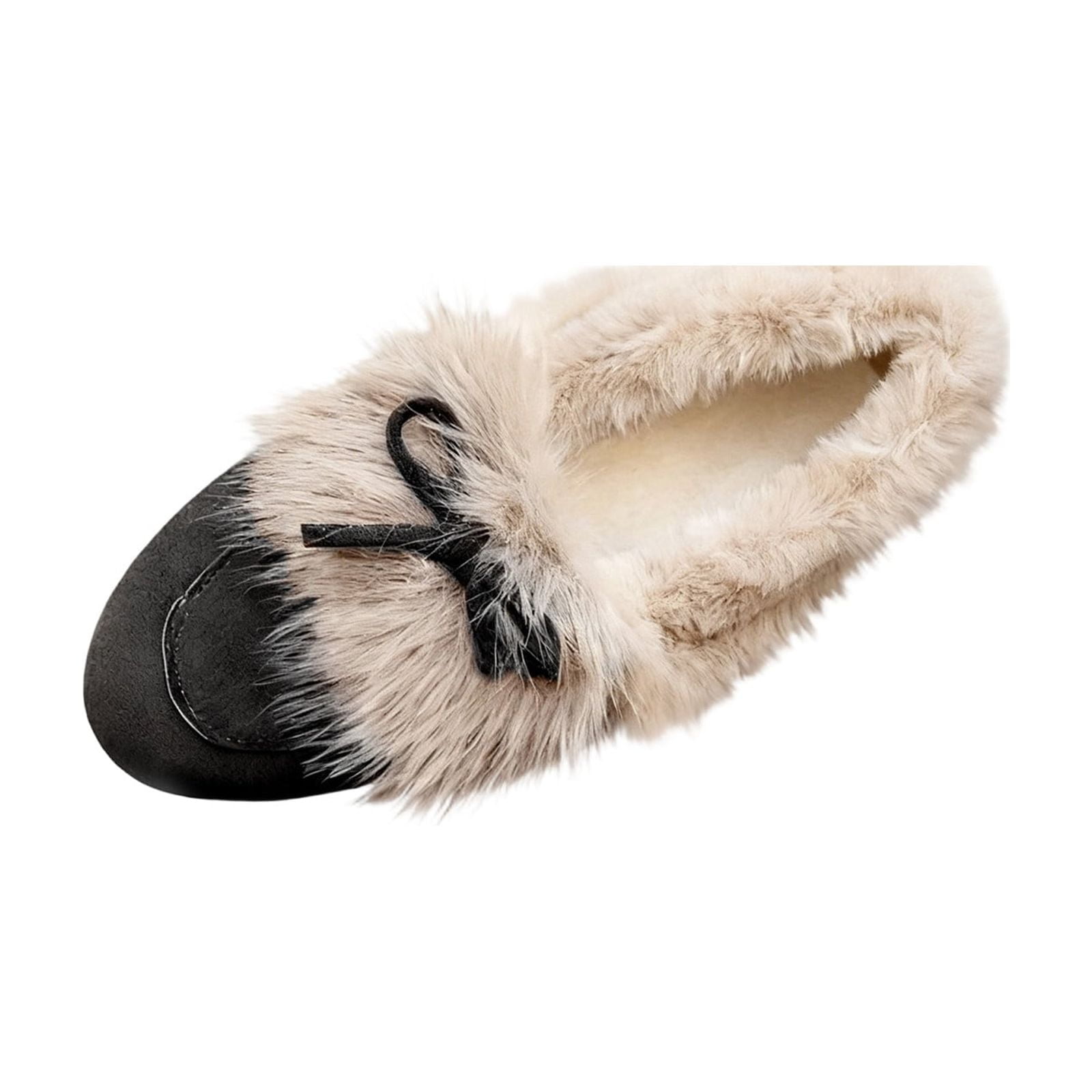 Black Solid Color Round Toe Bow Shoes Women'S Winter One Foot Flat Warm ...