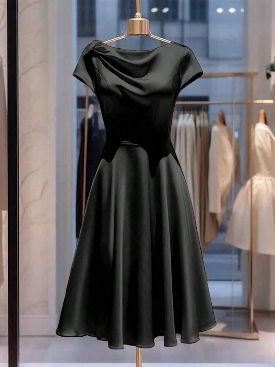 Black Solid Color Short Sleeve Cowl Neck Waist Cinched A-Line Midi ...