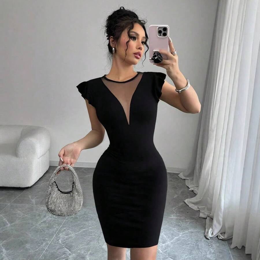 Black Solid Color V-Neck Sheath Dress With Ruffle Cap Sleeves And Mesh ...