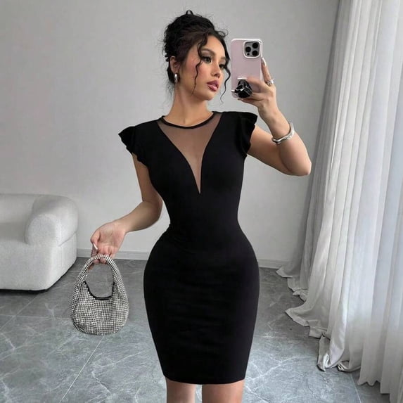 Black Solid Color V-Neck Sheath Dress With Ruffle Cap Sleeves And Mesh ...