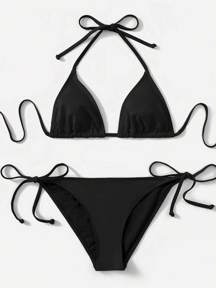 Black Solid Halter Triangle Bikini Set With Adjustable Tie Straps And ...