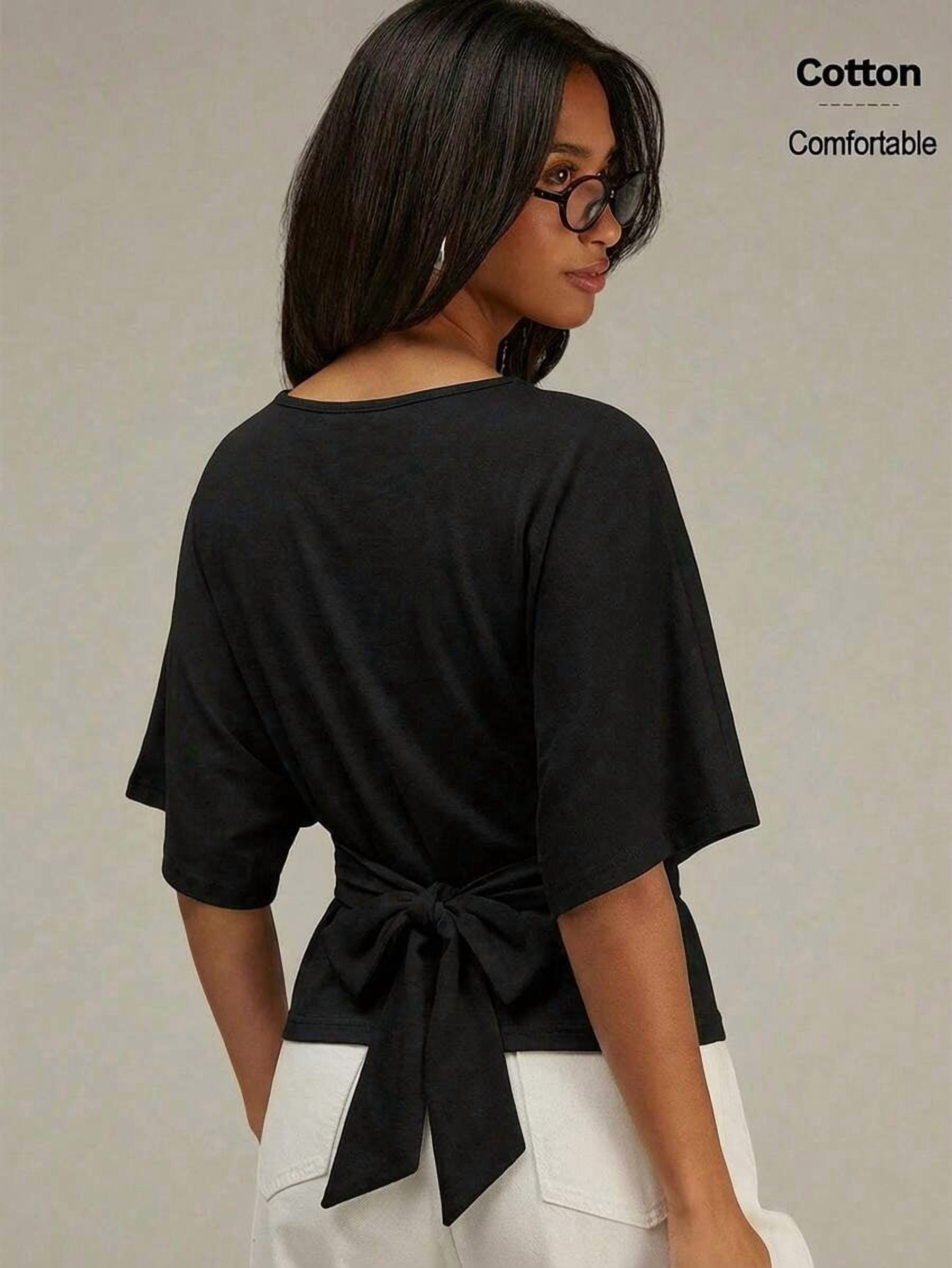 Black Solid Minimalist Round Neck Backless Tie-Front Top For Women ...