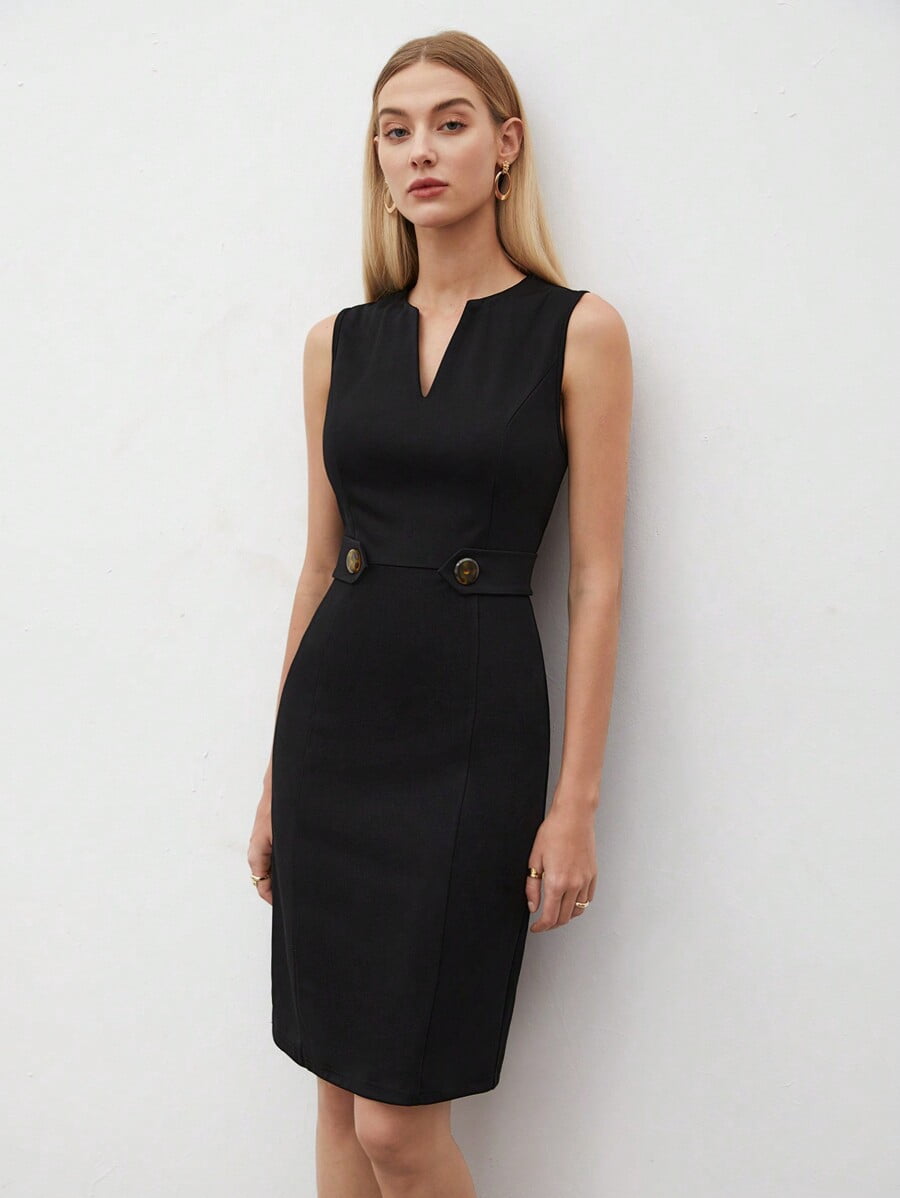 Black Solid Notched Neck Waist-Cinched Sheath Midi Dress - Walmart.com
