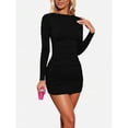 Black Solid Round Neck Long Sleeve Ruched Bodycon Mini Dress For Women ...