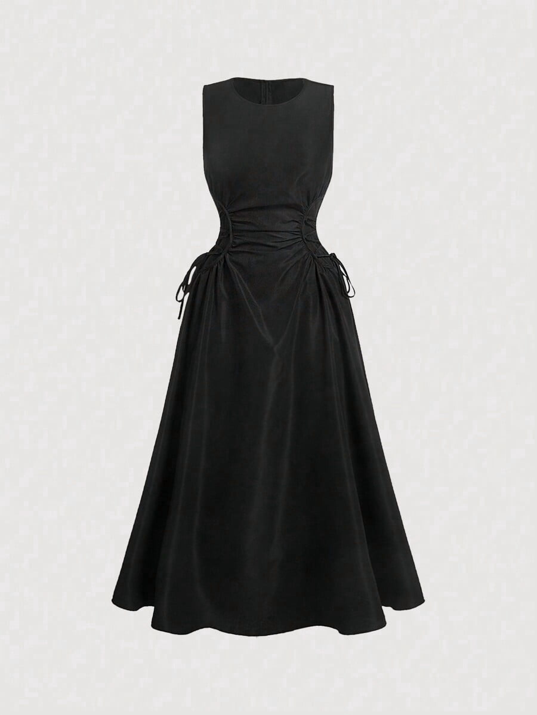 Black Solid Ruched Side Tie Sleeveless A-Line Midi Dress For Women ...