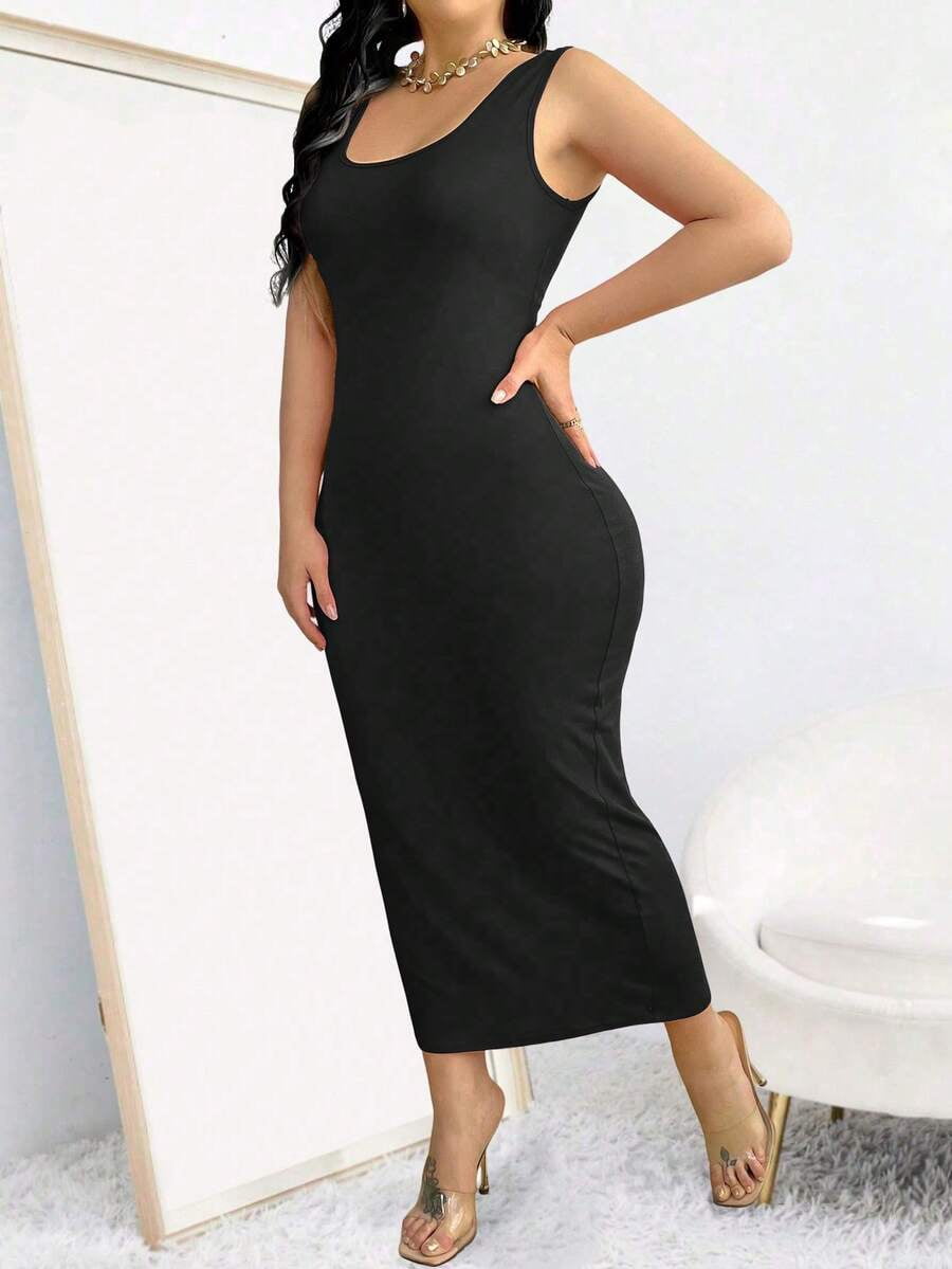 Black Solid Sleeveless Slim Fit Maxi Dress With Scoop Neck For Women ...