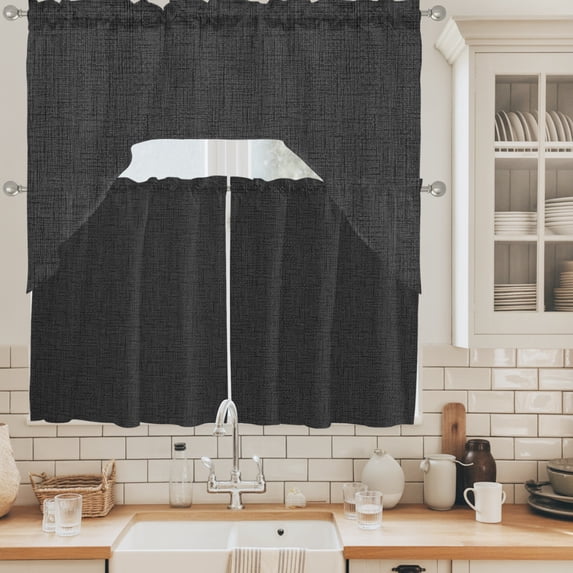Black Solid Swag Curtains Valance and Tier Set, Minimalist Cloth Dark ...