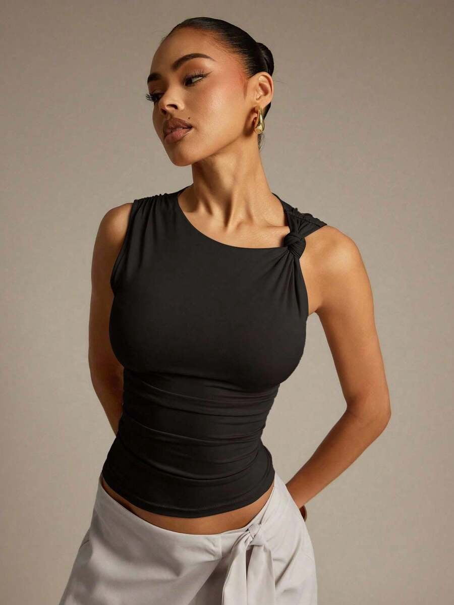 Black Solid Twisted Asymmetric Sleeveless Top, Slim Fit Summer Womens ...