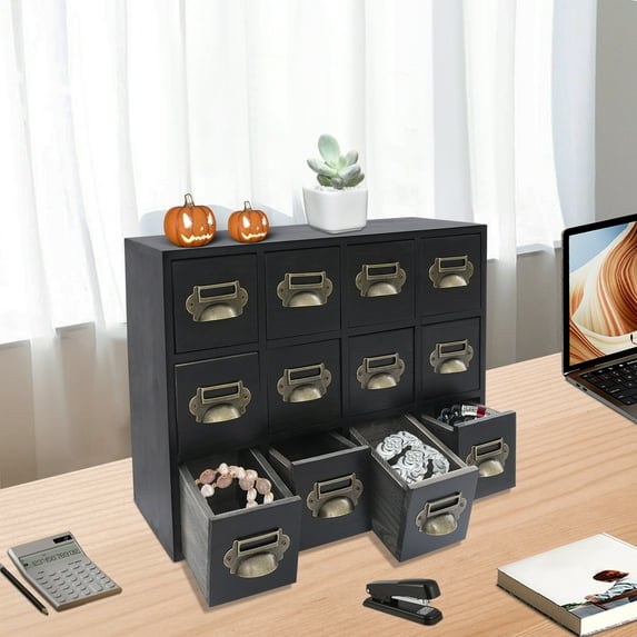 Black Solid Wood 42x16x31.7cm 12 Grid Three-Tier Drawer Storage Box ...